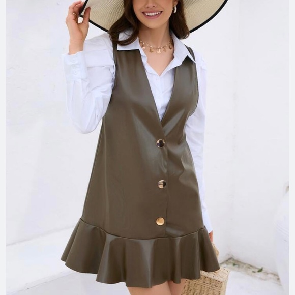 Zara | Dresses | Zara Khaki Faux Leather Gold Buttons Sundress Dress ...